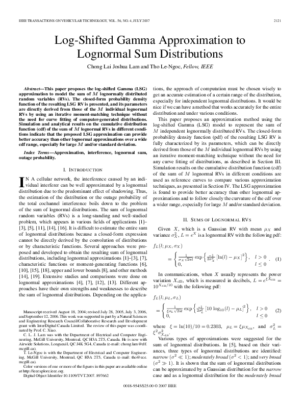 Pdf Log Shifted Gamma Approximation To Lognormal Sum Distributions