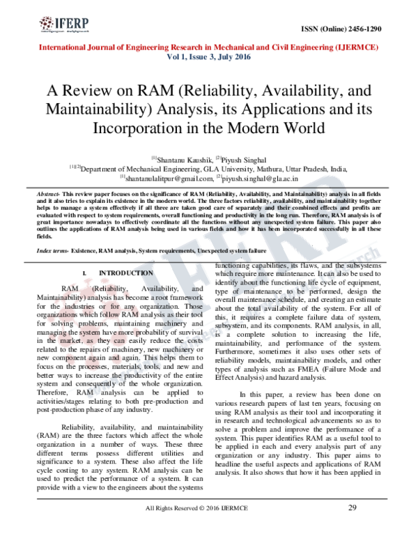 (PDF) A Review on RAM (Reliability, Availability, and Maintainability ...