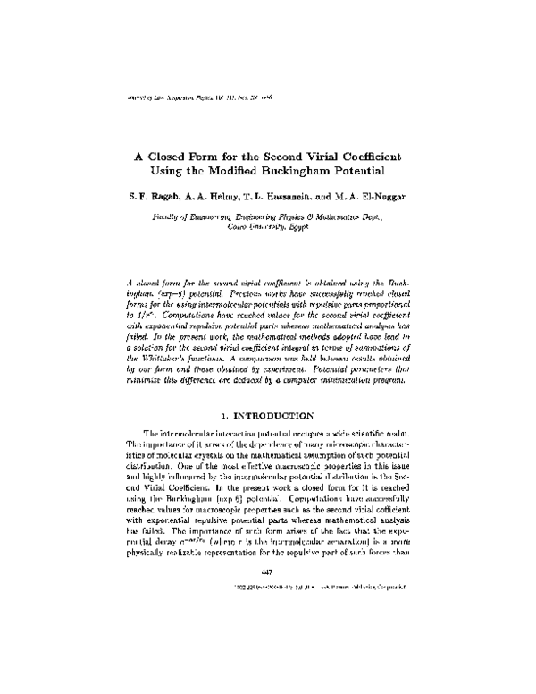 (PDF) A Closed Form for the Second Virial Coefficient Using the ...
