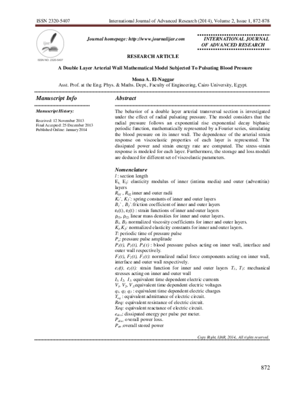 (PDF) A Double Layer Arterial Wall Mathematical Model Subjected To ...