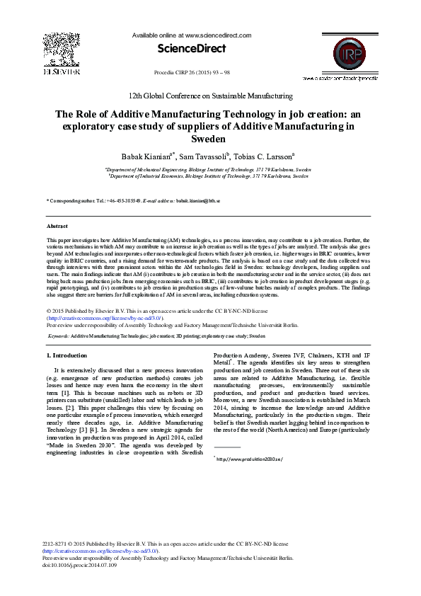 (PDF) The Role of Additive Manufacturing Technology in Job Creation: An ...