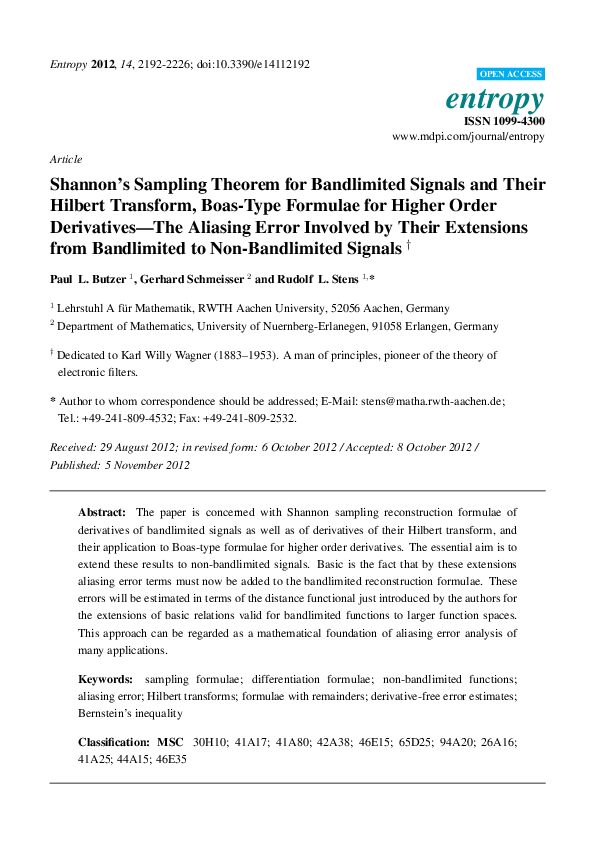 (PDF) Shannon’s Sampling Theorem for Bandlimited Signals and Their ...