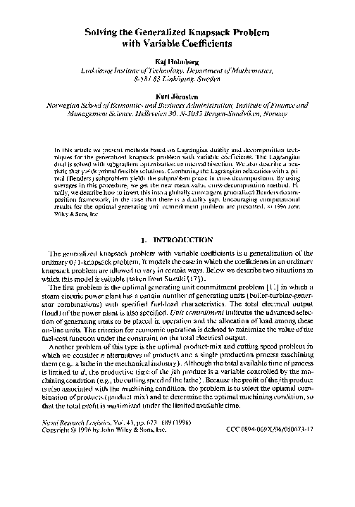 Pdf Solving The Generalized Knapsack Problem With Variable Coefficients Kaj Holmberg