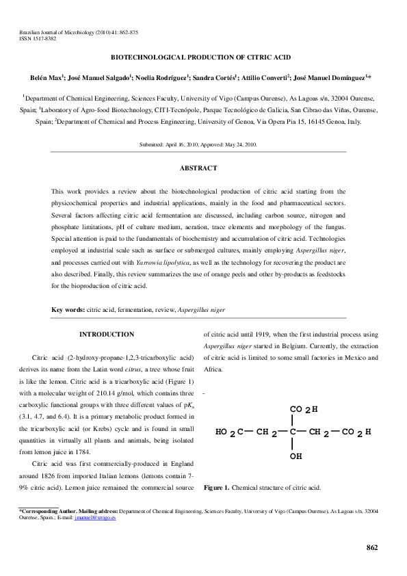 (PDF) Biotechnological production of citric acid