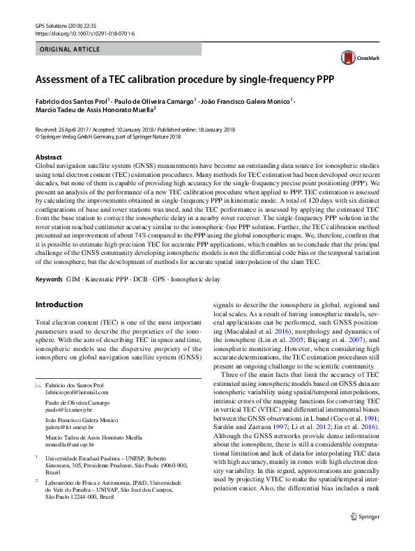 (PDF) Assessment of a TEC calibration procedure by single-frequency PPP