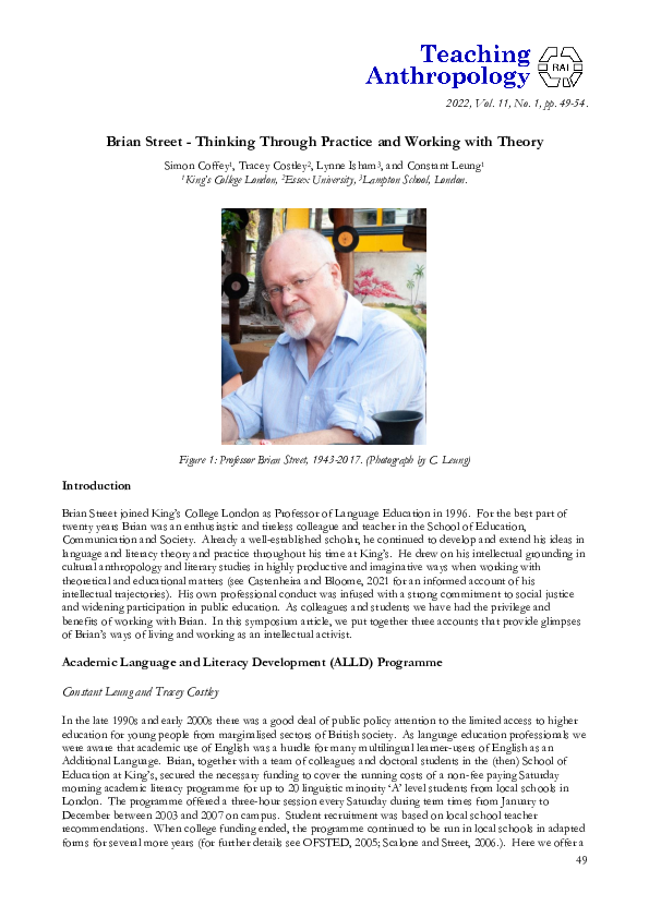 (PDF) Brian Street - Thinking Through Practice And Working With Theory