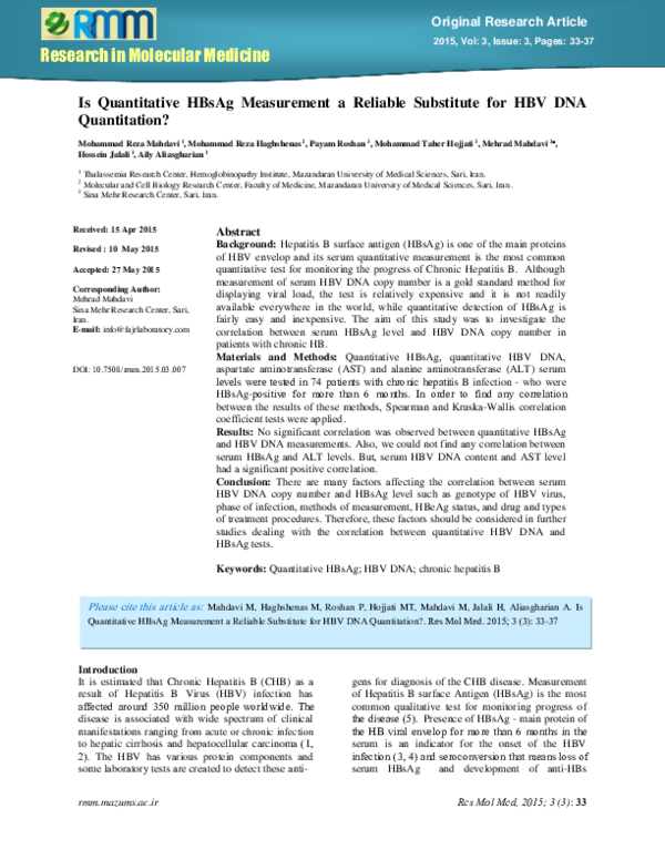 (PDF) Comparison of Quantitative HBsAg and HBV DNA tests | mohammad ...