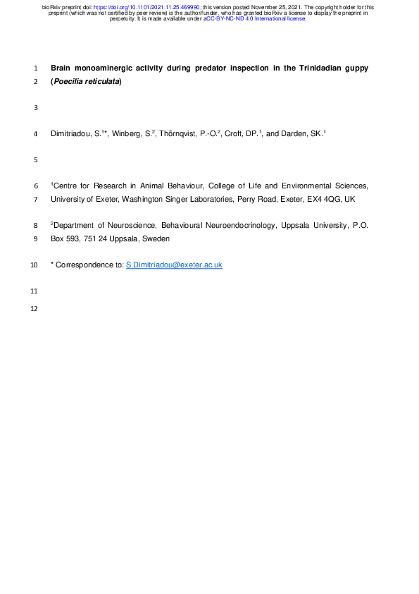 (PDF) Brain monoaminergic activity during predator inspection in the ...