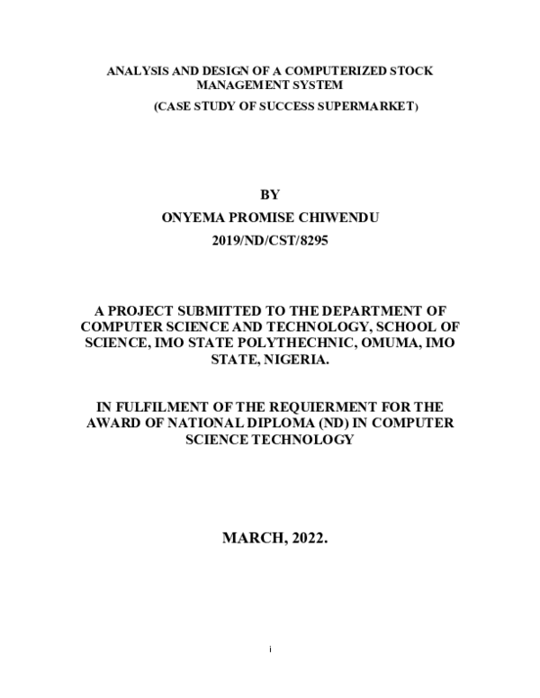 (DOC) ANALYSIS AND DESIGN OF A COMPUTERIZED STOCK MANAGEMENT SYSTEM (CASE STUDY OF SUCCESS ...