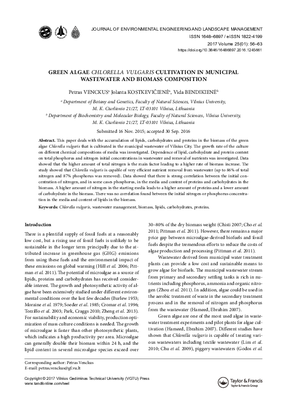 (PDF) Green Algae Chlorella Vulgaris Cultivation in Municipal Wastewater and Biomass Composition