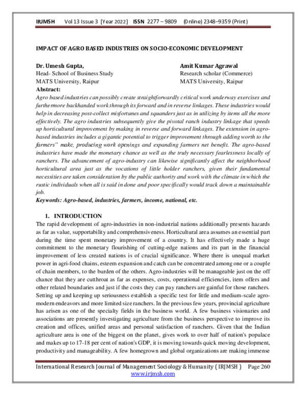 (PDF) IMPACT OF AGRO BASED INDUSTRIES ON SOCIO-ECONOMIC DEVELOPMENT