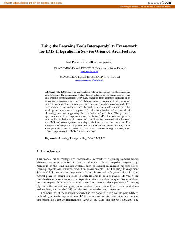 (PDF) Using the Learning Tools Interoperability Framework for LMS Integration in Service ...