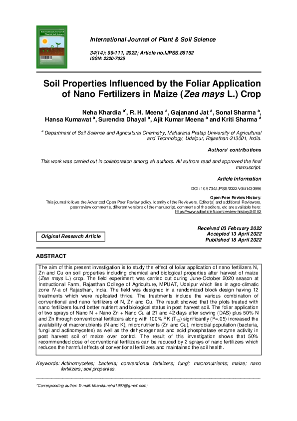 (PDF) Soil Properties Influenced by the Foliar Application of Nano Fertilizers in Maize (Zea ...