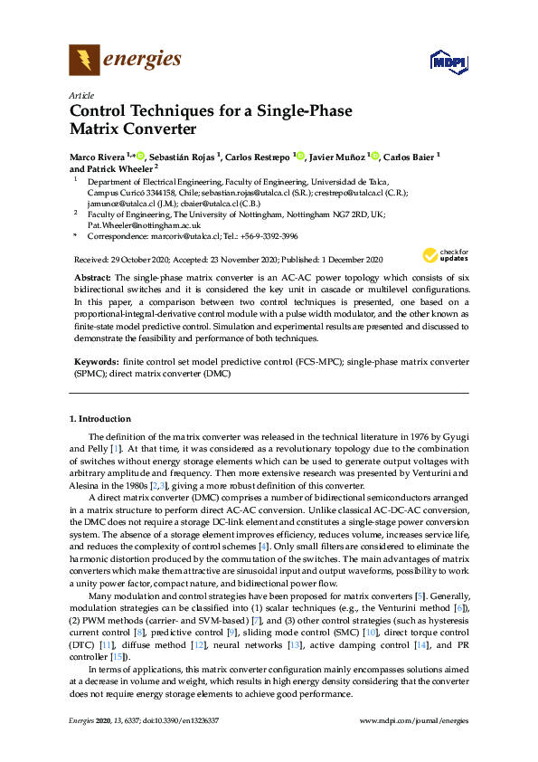 (PDF) Control Techniques for a Single-Phase Matrix Converter