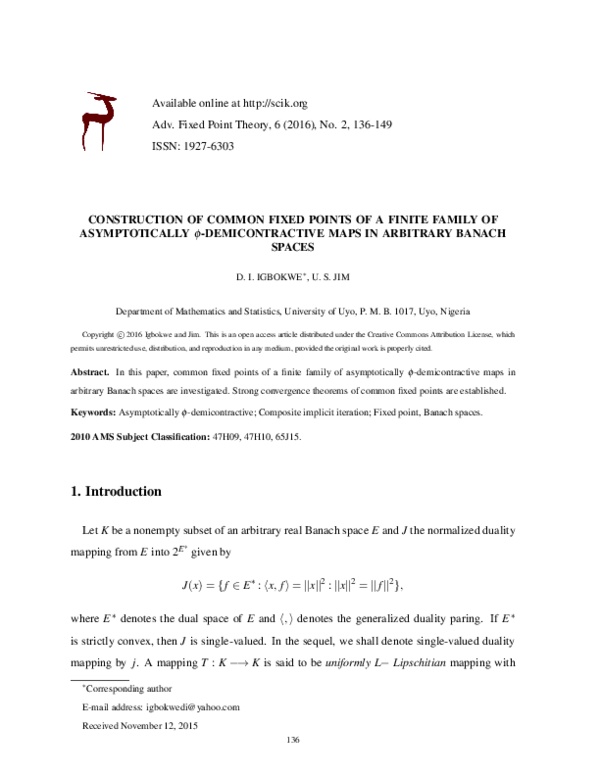 (PDF) Construction of common fixed points of a finite family of asymptotically φ-demicontractive ...