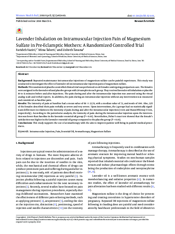 (PDF) Lavender Inhalation on Intramuscular Injection Pain of Magnesium ...