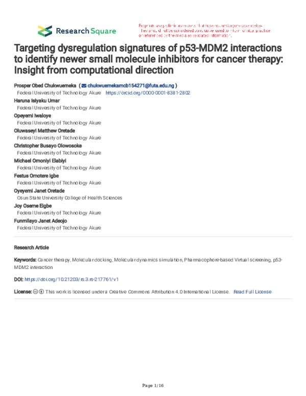 (PDF) Targeting dysregulation signatures of p53-MDM2 interactions to identify newer small ...