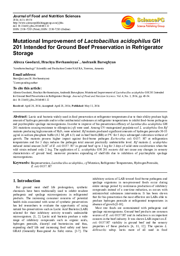 (PDF) Mutational Improvement of Lactobacillus acidophilus GH 201 Intended for Ground Beef ...