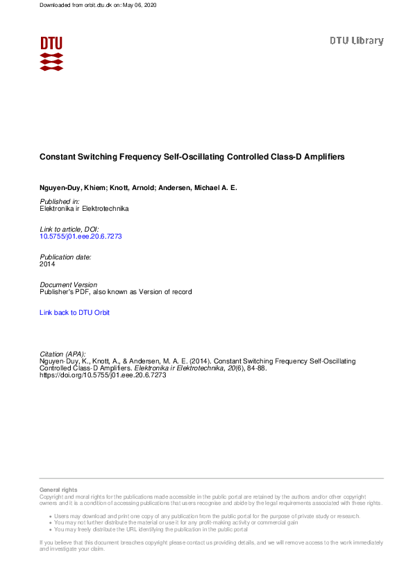 (PDF) Constant Switching Frequency Self-Oscillating Controlled Class-D Amplifiers