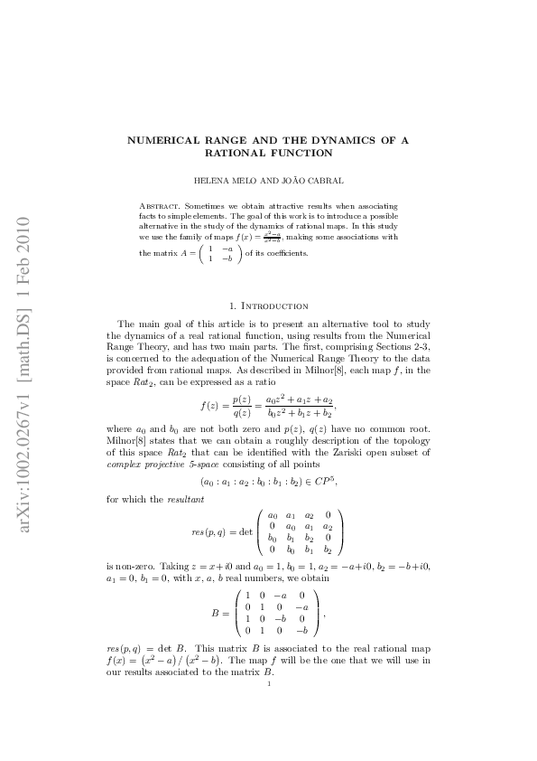 Pdf Numerical Range And The Dynamics Of A Rational Function