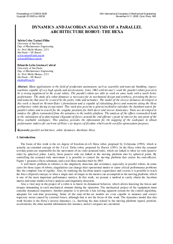 (PDF) Dynamics and Jacobian Analysis of a Parallel Architecture Robot: The Hexa