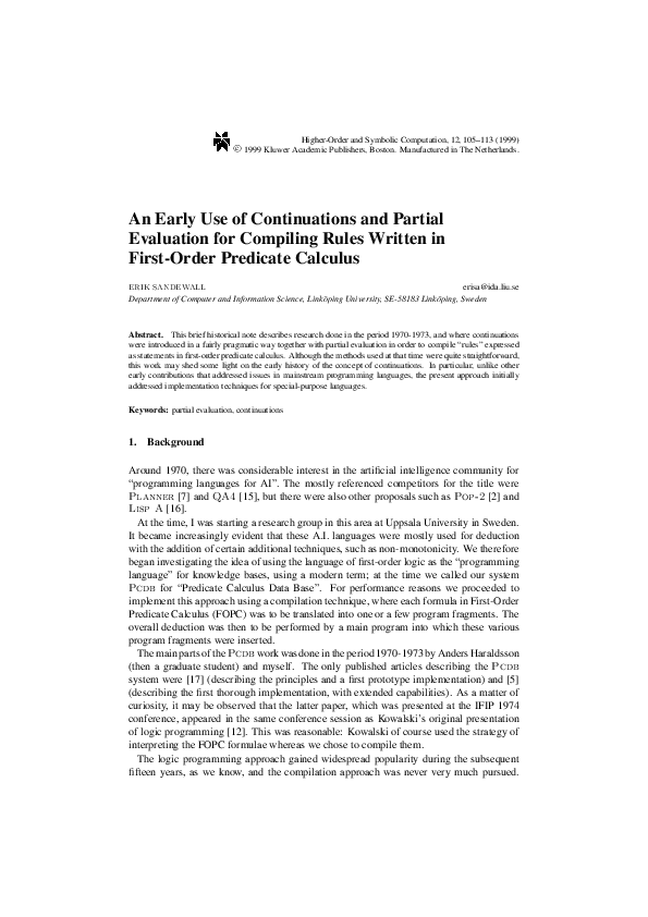 Pdf An Early Use Of Continuations And Partial Evaluation For Compiling Rules Written In First