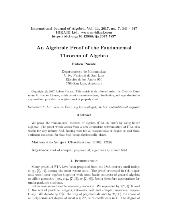 (PDF) Addendum to: "An algebraic proof of the fundamental theorem of ...