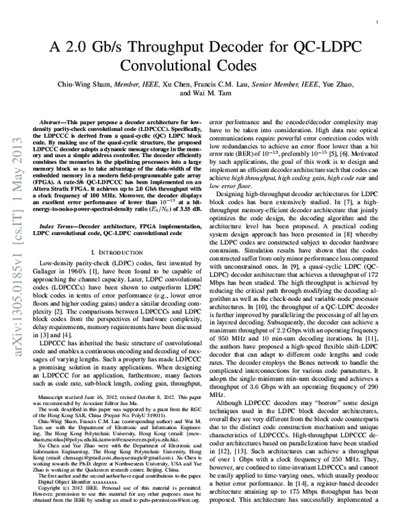 Pdf A 20 Gbs Throughput Decoder For Qc Ldpc Convolutional Codes