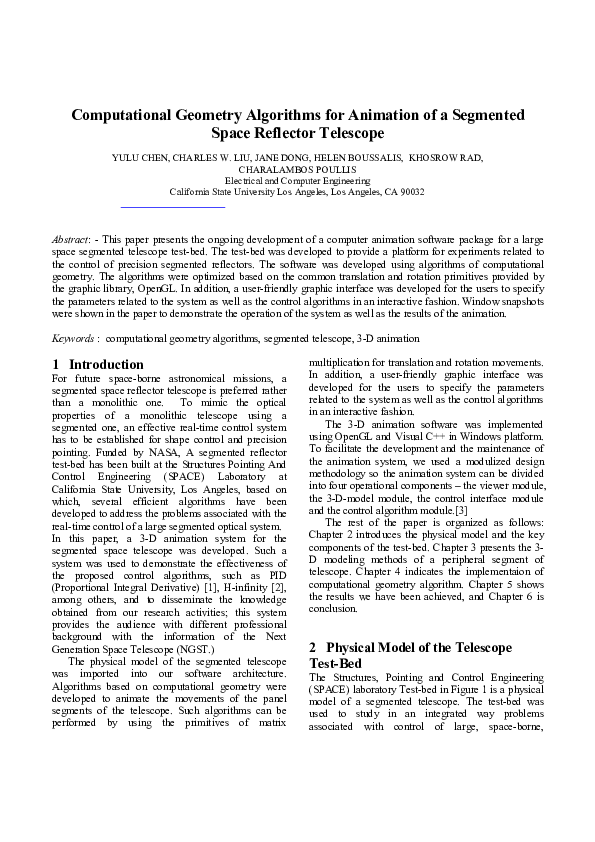 Pdf Computational Geometry Algorithms For Animation Of A Segmented Space Reflector Telescope