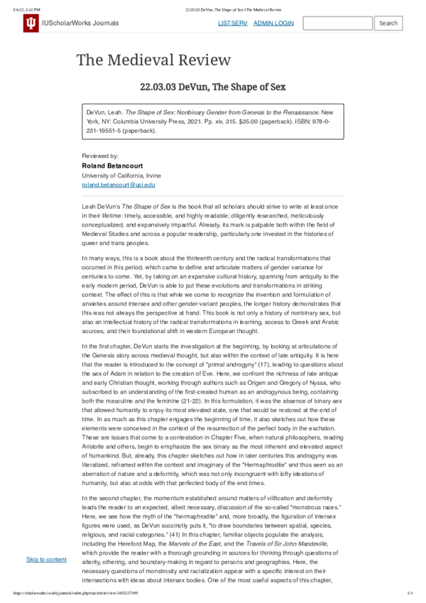 (PDF) Review of The Shape of Sex, The Medieval Review