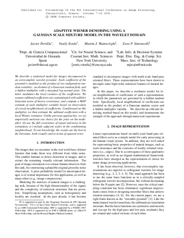 Pdf Adaptive Wiener Denoising Using A Gaussian Scale Mixture Model In The Wavelet Domain