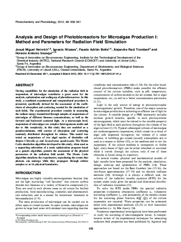 (PDF) Analysis and Design of Photobioreactors for Microalgae Production I: Method and Parameters ...