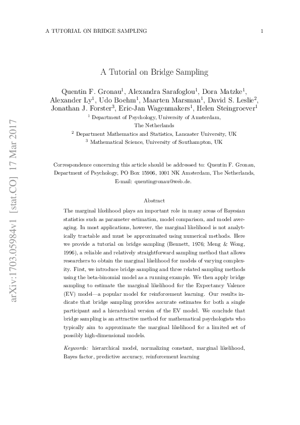 Pdf A Tutorial On Bridge Sampling 1 A Tutorial On Bridge Sampling