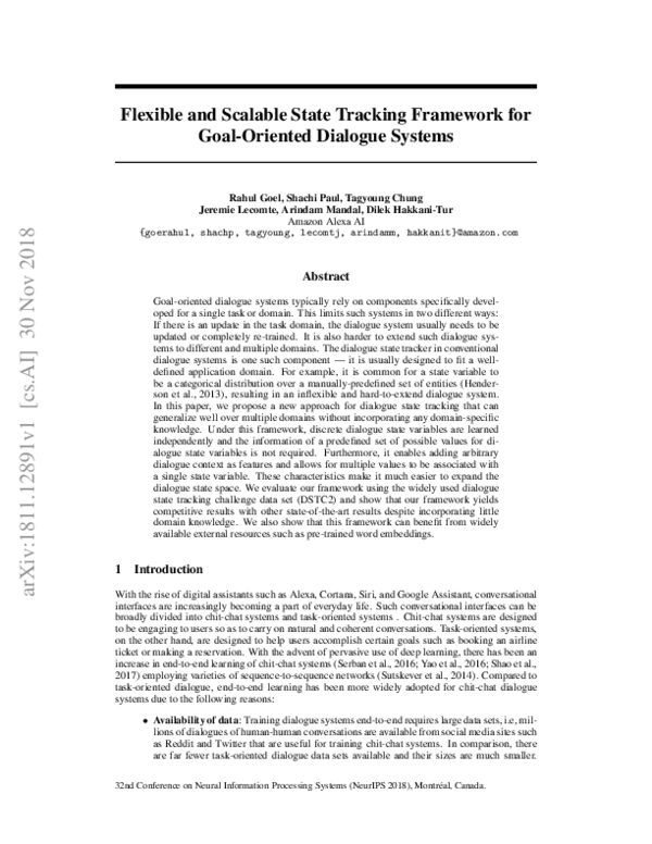 (PDF) Flexible and Scalable State Tracking Framework for Goal-Oriented Dialogue Systems