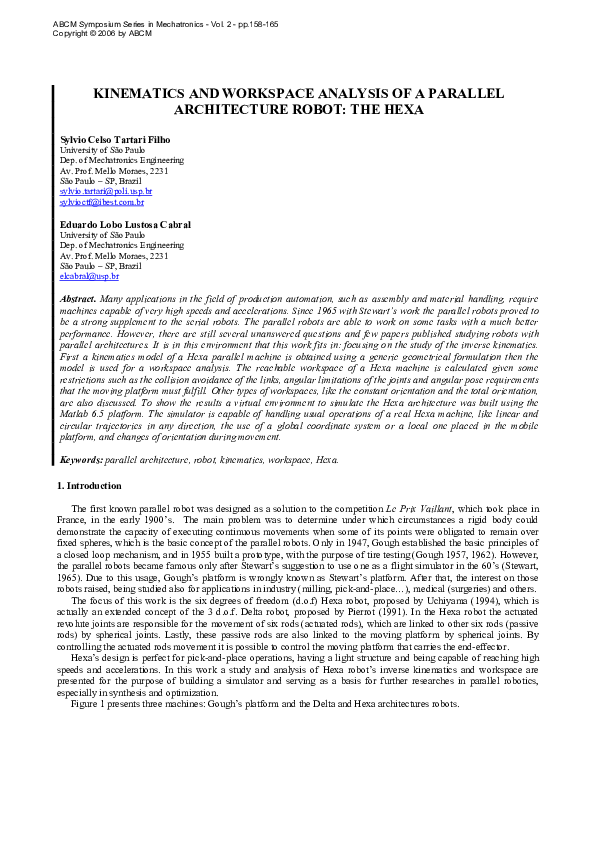 (PDF) Kinematics and Workspace Analysis of a Parallel Architecture Robot: The Hexa