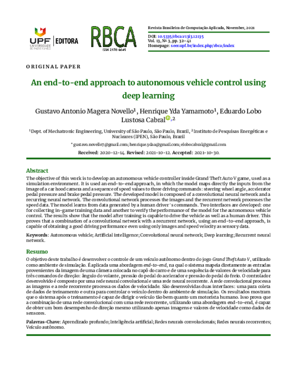 (PDF) An end-to-end approach to autonomous vehicle control using deep ...