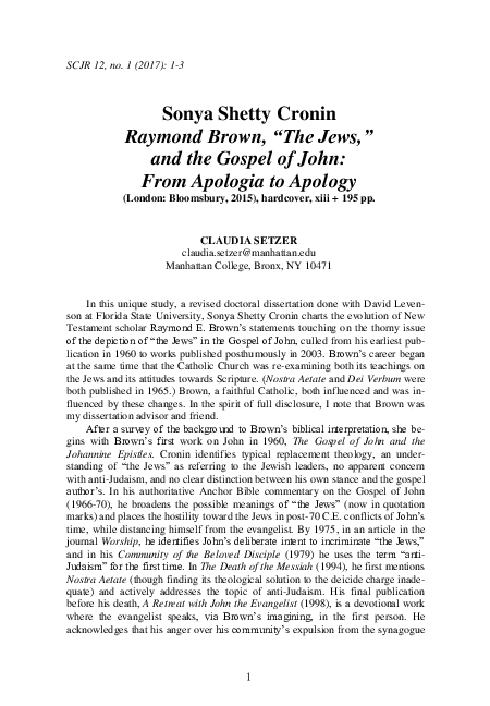 (PDF) Sonya Shetty Cronin. Raymond Brown, “The Jews,” and the Gospel of ...