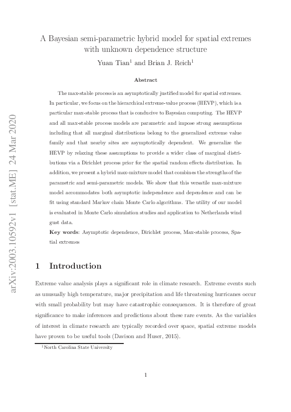 (PDF) A Bayesian semi-parametric hybrid model for spatial extremes with unknown dependence structure