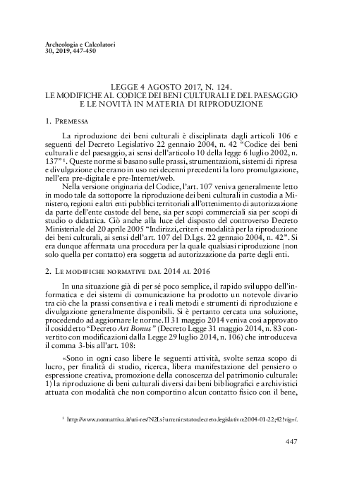 (PDF) Legge 4 agosto 2017, n. 124. Le modifiche al Codice dei Beni Culturali e del Paesaggio e ...