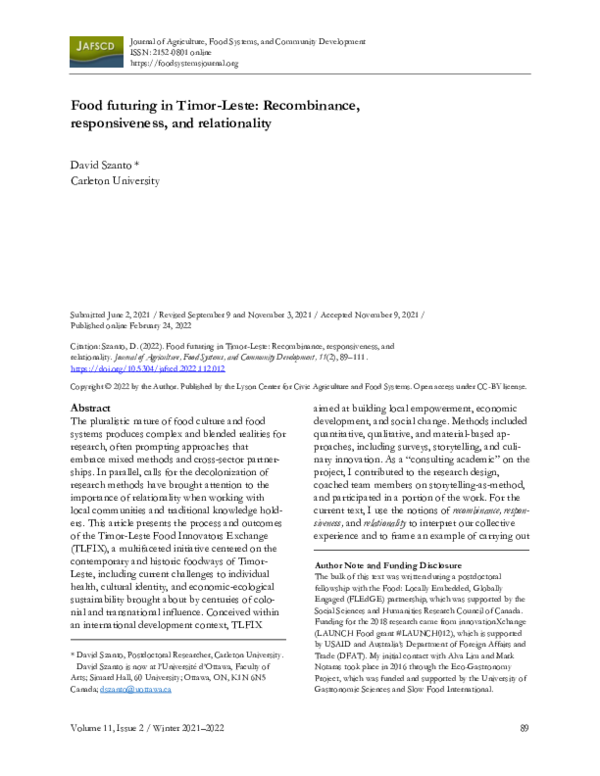 Food futuring in Timor-Leste: Recombinance, responsiveness, and ...
