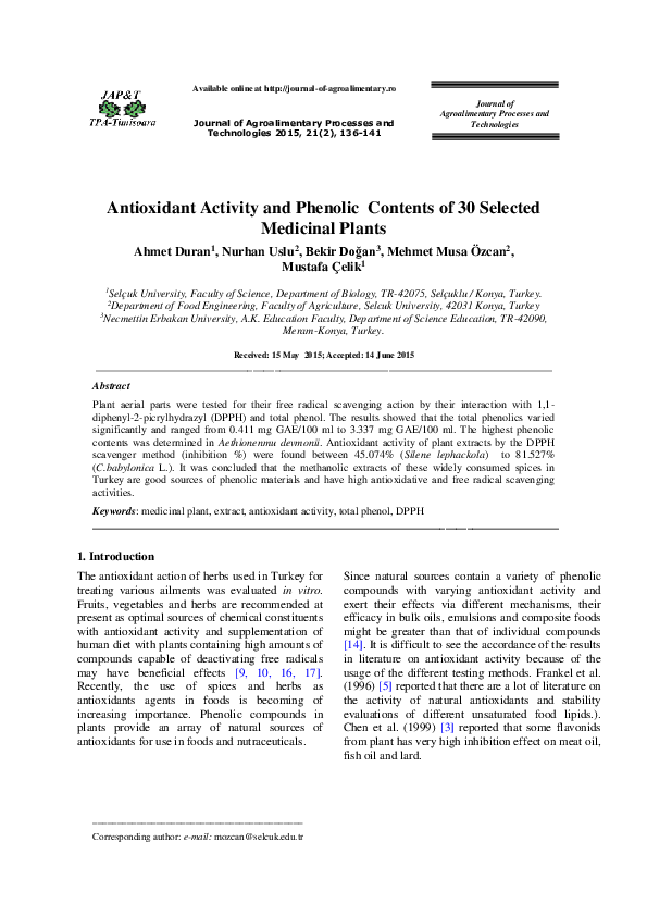 (PDF) Antioxidant activity and phenolic contents of 30 selected medicinal plants