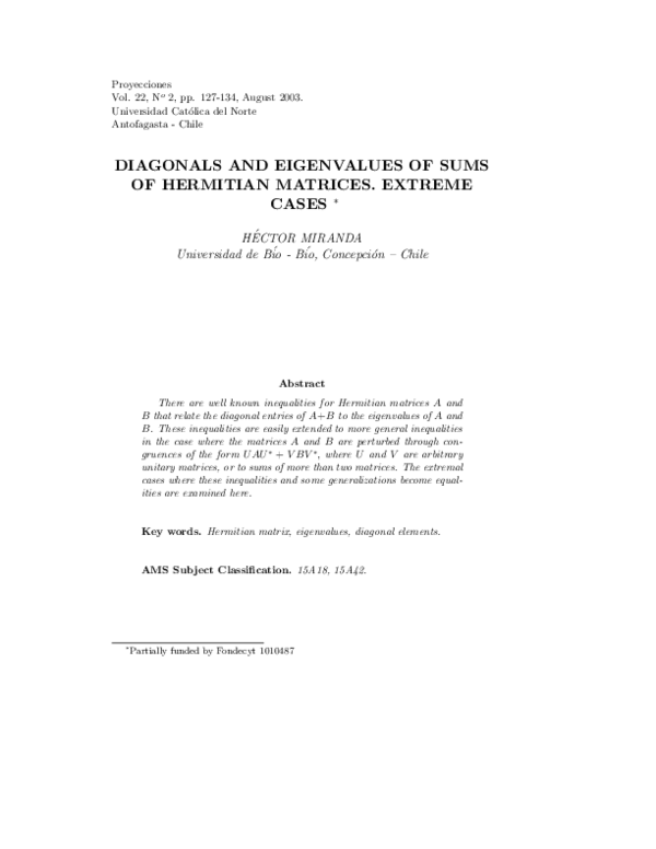 (PDF) Diagonals and Eigenvalues of Sums of Hermitian Matrices: Extreme Cases