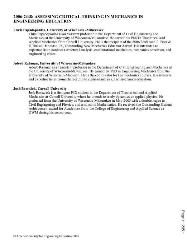 (PDF) Assessing Critical Thinking In Mechanics In Engineering Education