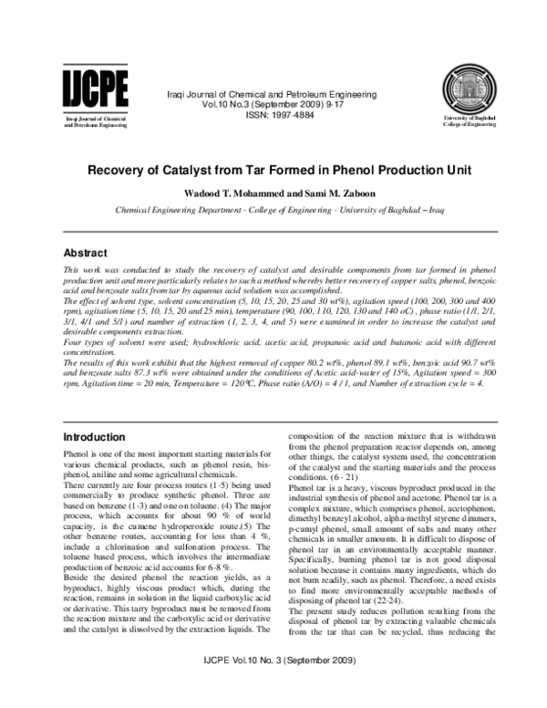 Recovery of Catalyst from Tar Formed in Phenol Production Unit