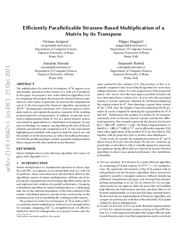 Pdf Efficiently Parallelizable Strassen Based Multiplication Of A Matrix By Its Transpose