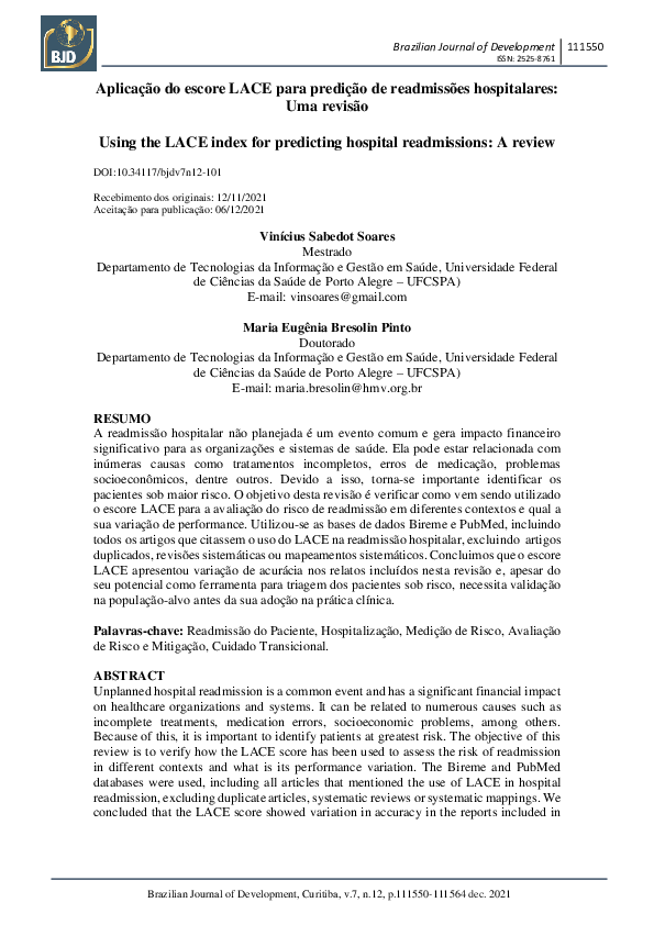 (PDF) Aplicação do escore LACE para predição de readmissões ...