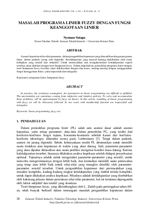 (PDF) Masalah Programa Linier Fuzzy Dengan Fungsi Keanggotaan Linier