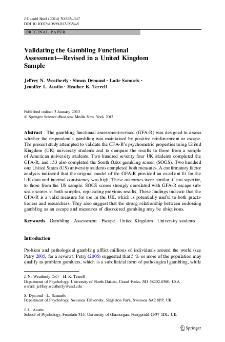 (PDF) Validating the Gambling Functional Assessment—Revised in a United ...