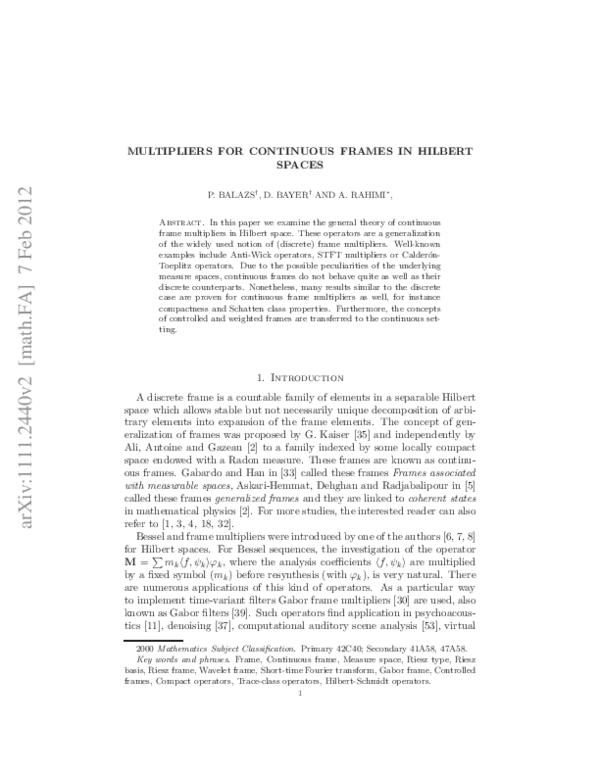 Pdf Multipliers For Continuous Frames In Hilbert Spaces