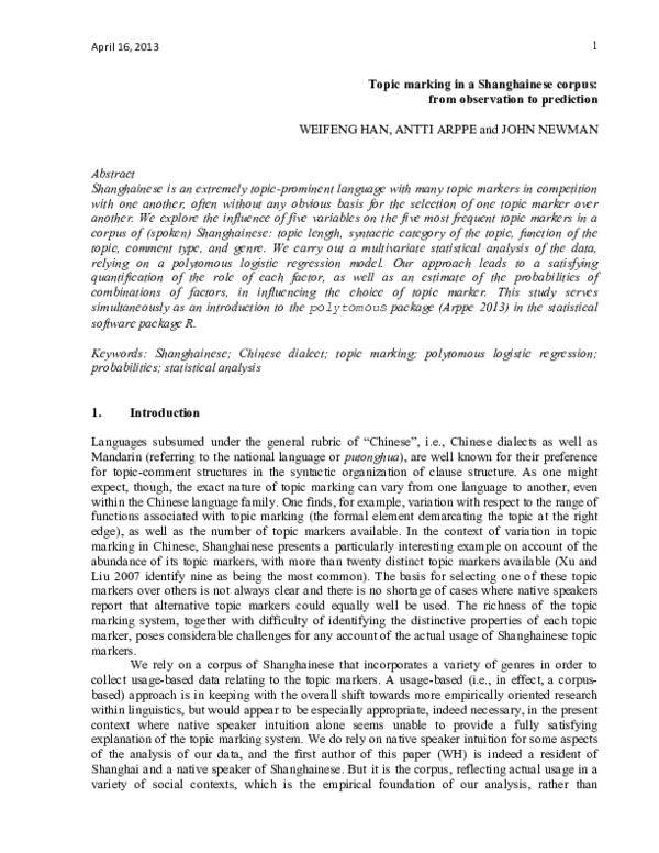 (PDF) Topic marking in a Shanghainese corpus: from observation to ...